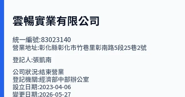 雲暢實業有限公司的照片-統編 83023140(彰化縣) 公司登記資料與營業項目詳細圖表