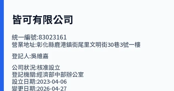 皆可有限公司的照片-統編 83023161(彰化縣) 公司登記資料與營業項目詳細圖表