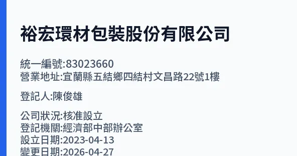 裕宏環材包裝股份有限公司的照片-統編 83023660(宜蘭縣) 公司登記資料與營業項目詳細圖表