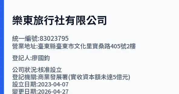樂東旅行社有限公司的照片-統編 83023795(臺東縣) 公司登記資料與營業項目詳細圖表