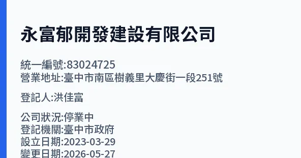 永富郁開發建設有限公司的照片-統編 83024725(臺中市) 公司登記資料與營業項目詳細圖表