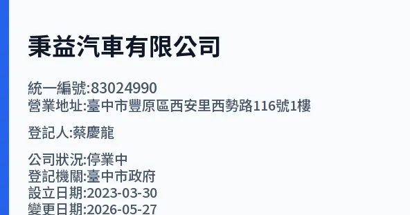 秉益汽車有限公司的照片-統編 83024990(臺中市) 公司登記資料與營業項目詳細圖表