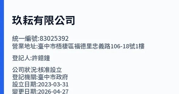 玖耘有限公司的照片-統編 83025392(臺中市) 公司登記資料與營業項目詳細圖表