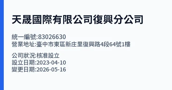 天晟國際有限公司復興分公司的照片-統編 83026630(臺中市) 公司登記資料與營業項目詳細圖表