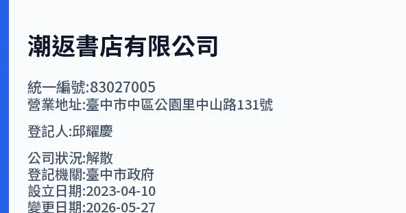 潮返書店有限公司的照片-統編 83027005(臺中市) 公司登記資料與營業項目詳細圖表