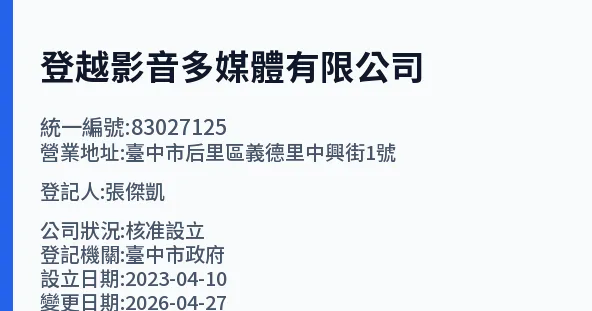 登越影音多媒體有限公司的照片-統編 83027125(臺中市) 公司登記資料與營業項目詳細圖表