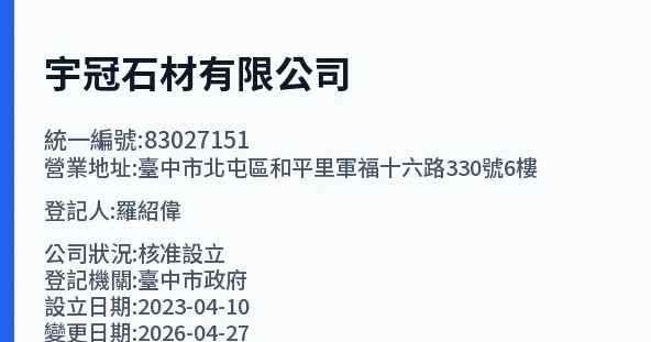 宇冠石材有限公司的照片-統編 83027151(臺中市) 公司登記資料與營業項目詳細圖表