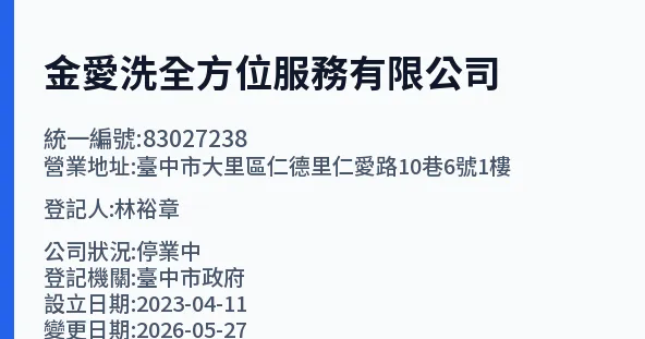 金愛洗全方位服務有限公司的照片-統編 83027238(臺中市) 公司登記資料與營業項目詳細圖表