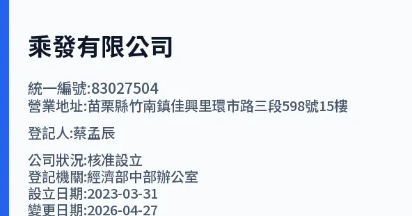 乘發有限公司的照片-統編 83027504(苗栗縣) 公司登記資料與營業項目詳細圖表
