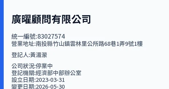 廣曜顧問有限公司的照片-統編 83027574(南投縣) 公司登記資料與營業項目詳細圖表