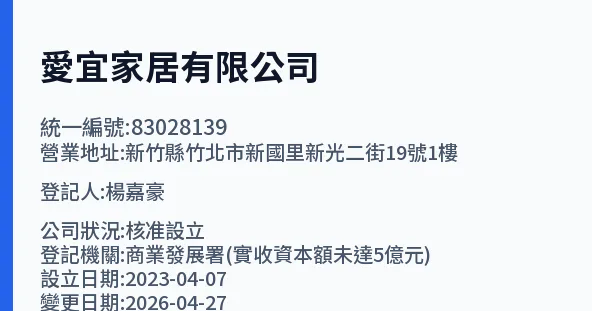 愛宜家居有限公司的照片-統編 83028139(新竹縣) 公司登記資料與營業項目詳細圖表