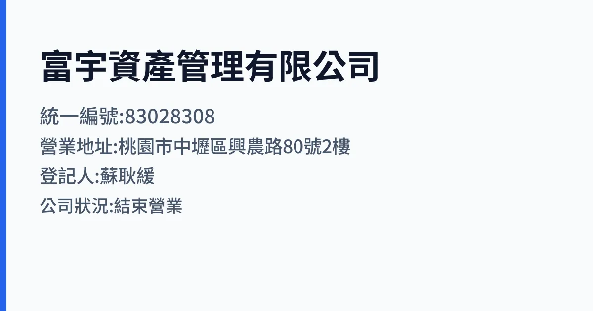 富宇資產管理有限公司 - 統編 83028308(桃園市) 公司登記資料與營業項目詳細圖表