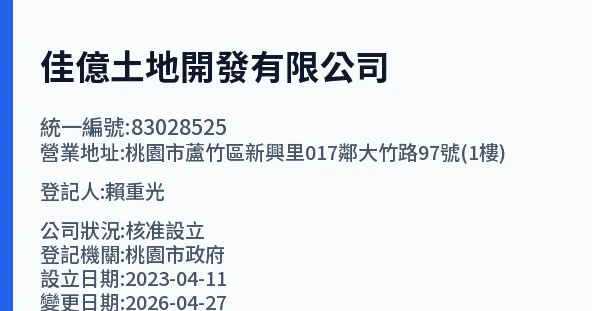 佳億土地開發有限公司的照片-統編 83028525(桃園市) 公司登記資料與營業項目詳細圖表