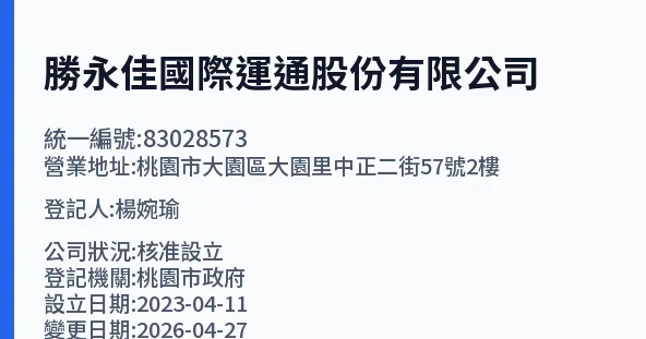 勝永佳國際運通股份有限公司的照片-統編 83028573(桃園市) 公司登記資料與營業項目詳細圖表