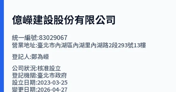 億嶸建設股份有限公司的照片-統編 83029067(臺北市) 公司登記資料與營業項目詳細圖表