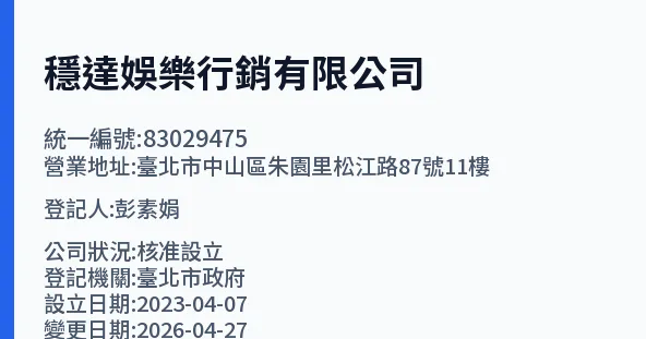 穩達娛樂行銷有限公司的照片-統編 83029475(臺北市) 公司登記資料與營業項目詳細圖表