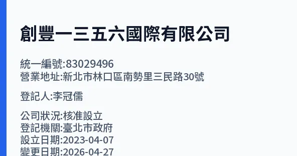 創豐一三五六國際有限公司的照片-統編 83029496(新北市) 公司登記資料與營業項目詳細圖表