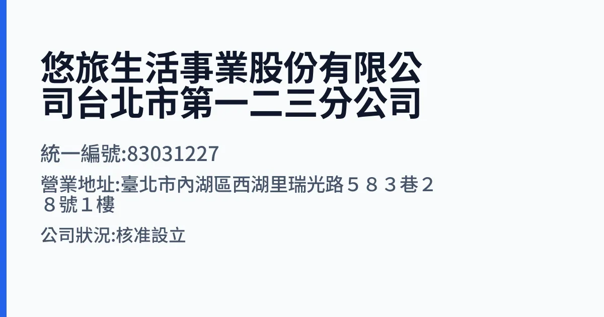 悠旅生活事業股份有限公司台北市第一二三分公司 - 統編 83031227(臺北市) 公司登記資料與營業項目詳細圖表