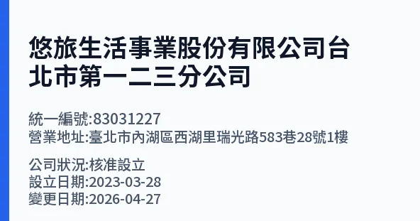 悠旅生活事業股份有限公司台北市第一二三分公司的照片-統編 83031227(臺北市) 公司登記資料與營業項目詳細圖表