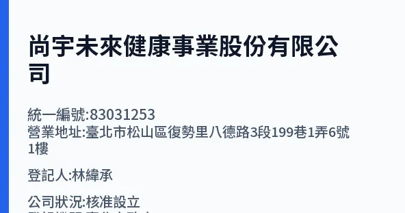 尚宇未來健康事業股份有限公司的照片-統編 83031253(臺北市) 公司登記資料與營業項目詳細圖表