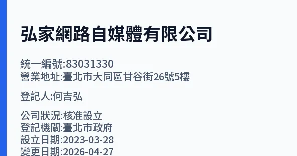 弘家網路自媒體有限公司的照片-統編 83031330(臺北市) 公司登記資料與營業項目詳細圖表
