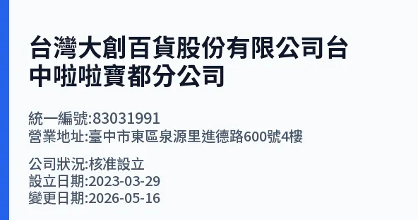 台灣大創百貨股份有限公司台中啦啦寶都分公司的照片-統編 83031991(臺中市) 公司登記資料與營業項目詳細圖表