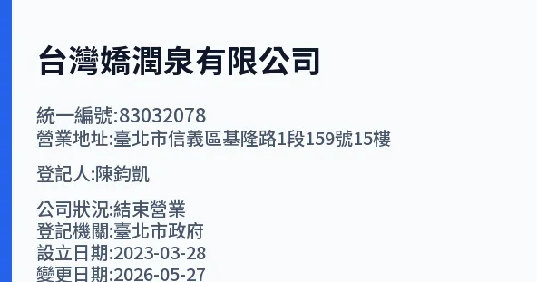 台灣嬌潤泉有限公司的照片-統編 83032078(臺北市) 公司登記資料與營業項目詳細圖表