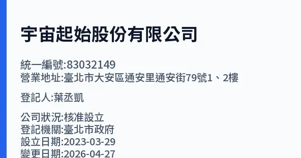 宇宙起始股份有限公司的照片-統編 83032149(臺北市) 公司登記資料與營業項目詳細圖表