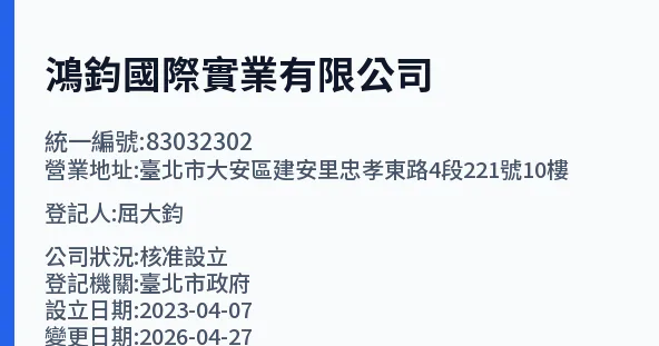 鴻鈞國際實業有限公司的照片-統編 83032302(臺北市) 公司登記資料與營業項目詳細圖表