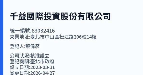 千益國際投資股份有限公司的照片-統編 83032416(臺北市) 公司登記資料與營業項目詳細圖表