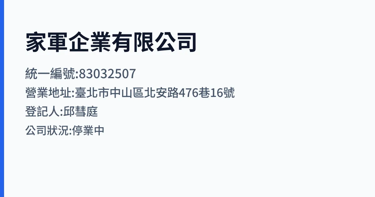 家軍企業有限公司 - 統編 83032507(臺北市) 公司登記資料與營業項目詳細圖表