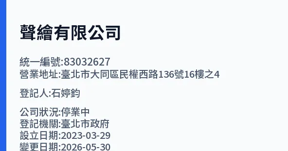 聲繪有限公司的照片-統編 83032627(臺北市) 公司登記資料與營業項目詳細圖表