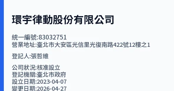 環宇律動股份有限公司的照片-統編 83032751(臺北市) 公司登記資料與營業項目詳細圖表