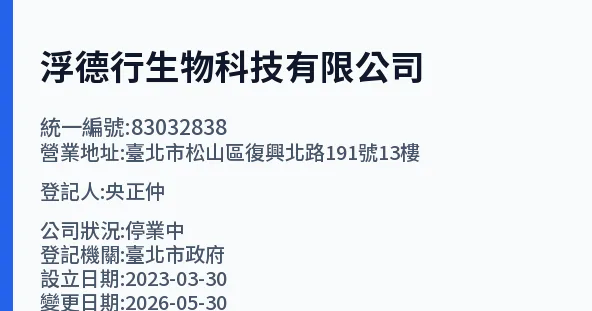 浮德行生物科技有限公司的照片-統編 83032838(臺北市) 公司登記資料與營業項目詳細圖表