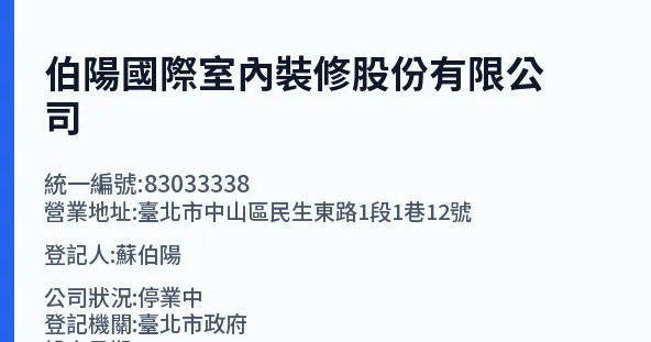 伯陽國際室內裝修股份有限公司的照片-統編 83033338(臺北市) 公司登記資料與營業項目詳細圖表