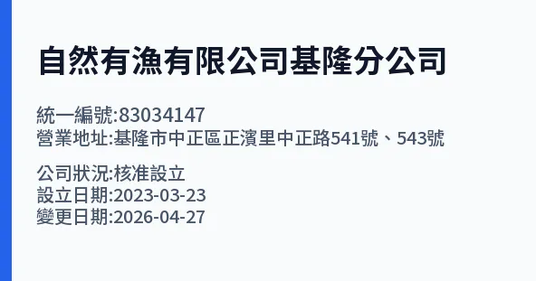 自然有漁有限公司基隆分公司的照片-統編 83034147(基隆市) 公司登記資料與營業項目詳細圖表