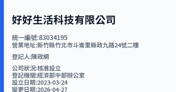 好好生活科技有限公司的照片-統編 83034195(新竹縣) 公司登記資料與營業項目詳細圖表
