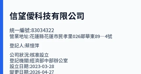 信望僾科技有限公司的照片-統編 83034322(花蓮縣) 公司登記資料與營業項目詳細圖表