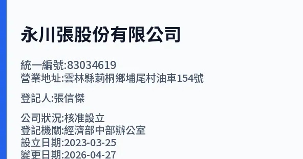 永川張股份有限公司的照片-統編 83034619(雲林縣) 公司登記資料與營業項目詳細圖表