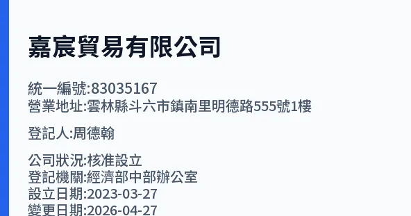嘉宸貿易有限公司的照片-統編 83035167(雲林縣) 公司登記資料與營業項目詳細圖表