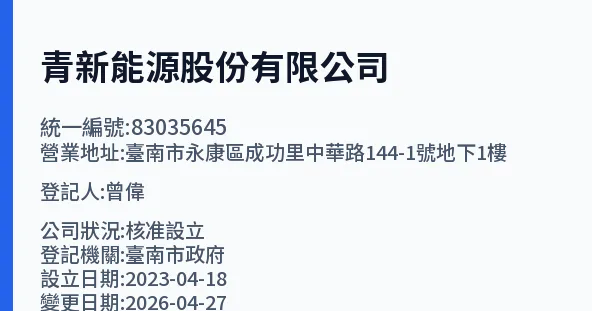 青新能源股份有限公司的照片-統編 83035645(臺南市) 公司登記資料與營業項目詳細圖表