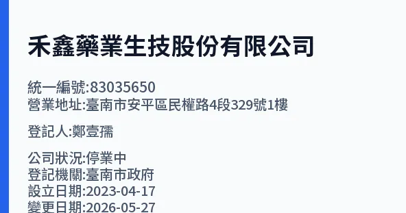 禾鑫藥業生技股份有限公司的照片-統編 83035650(臺南市) 公司登記資料與營業項目詳細圖表
