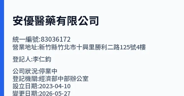安優醫藥有限公司的照片-統編 83036172(新竹縣) 公司登記資料與營業項目詳細圖表