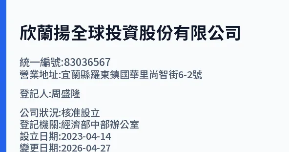 欣蘭揚全球投資股份有限公司的照片-統編 83036567(宜蘭縣) 公司登記資料與營業項目詳細圖表