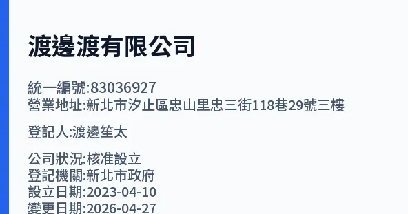 渡邊渡有限公司的照片-統編 83036927(新北市) 公司登記資料與營業項目詳細圖表
