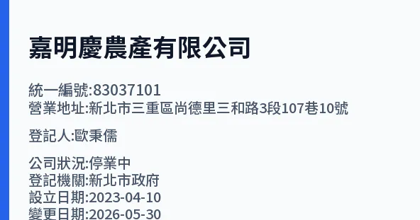 嘉明慶農產有限公司的照片-統編 83037101(新北市) 公司登記資料與營業項目詳細圖表