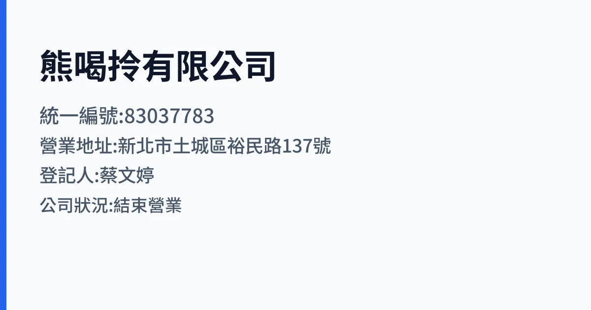 熊喝拎有限公司 - 統編 83037783(新北市) 公司登記資料與營業項目詳細圖表