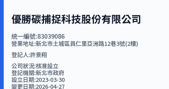 優勝碳捕捉科技股份有限公司的照片-統編 83039086(新北市) 公司登記資料與營業項目詳細圖表