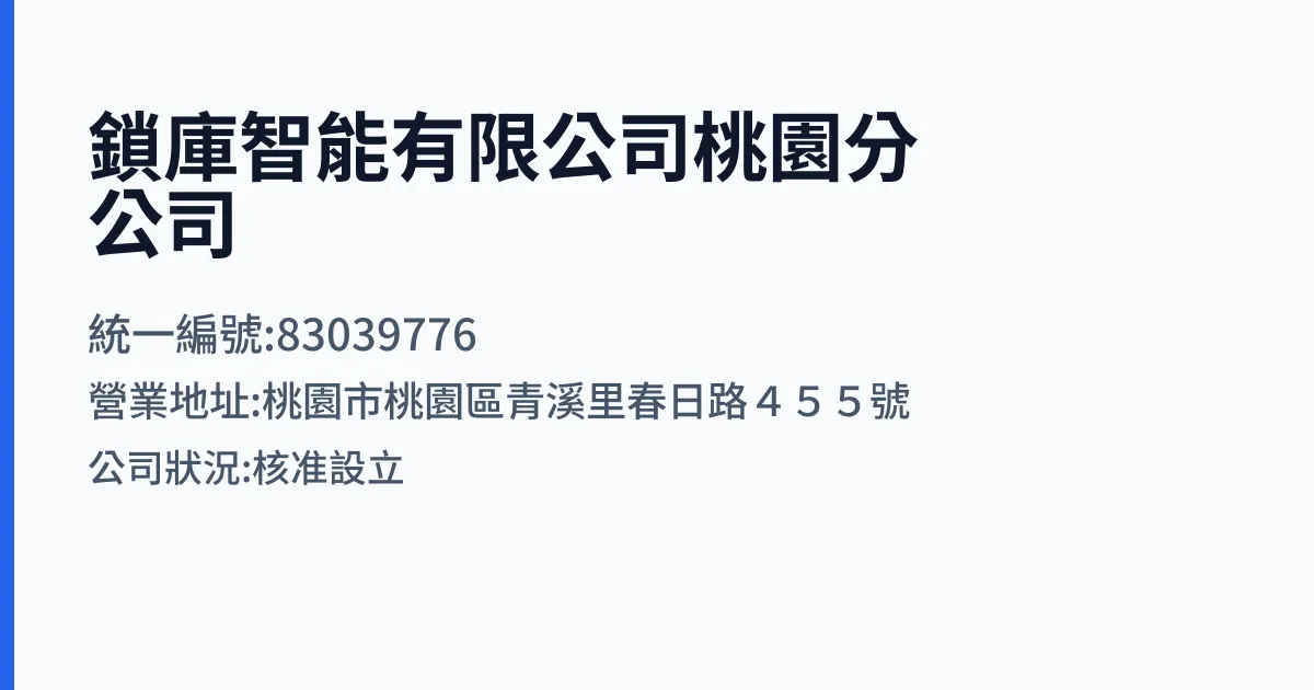 鎖庫智能有限公司桃園分公司 - 統編 83039776(桃園市) 公司登記資料與營業項目詳細圖表