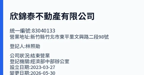 欣錦泰不動產有限公司的照片-統編 83040133(新竹縣) 公司登記資料與營業項目詳細圖表